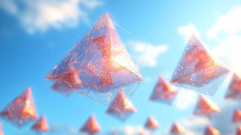 Abstract Geometric Pyramids Floating in Blue Sky with White Clouds ...