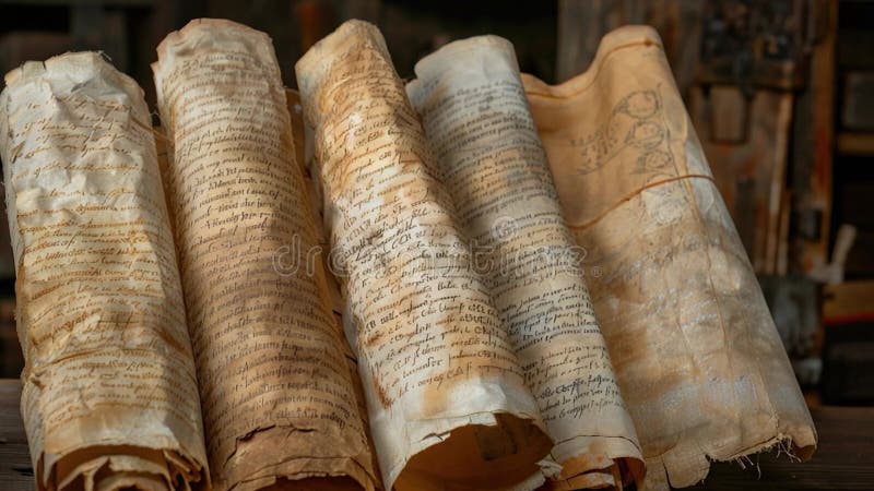 A Collection of Aged Documents Piled High on a Rustic Wood Surface ...