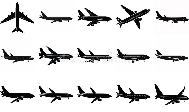 Collection of Airplane Silhouettes Diverse Views and Angles Stock ...