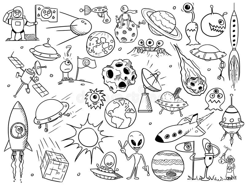 Collection Set of Alien, UFO Planet and Space Doodles Illustrations ...