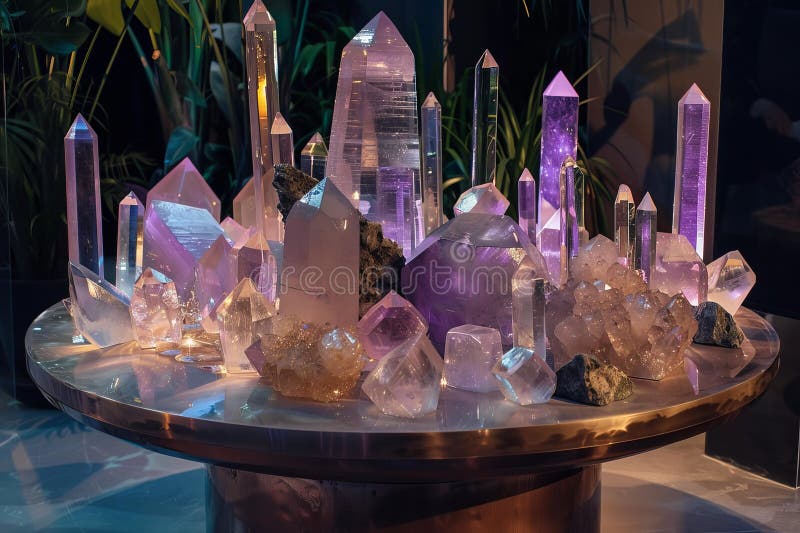 Collection of Amethyst and Quartz Crystals on Display in Modern ...