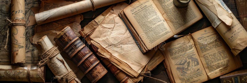A Collection of Ancient Books, Scrolls, and Artifacts Lies Scattered on ...