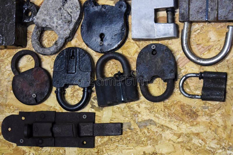 Collection of Ancient Rusty Locks and Deadbolt of Different Shapes and ...