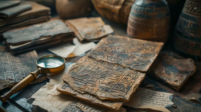 A Collection of Ancient Tablets with Inscriptions, a Magnifying Glass ...