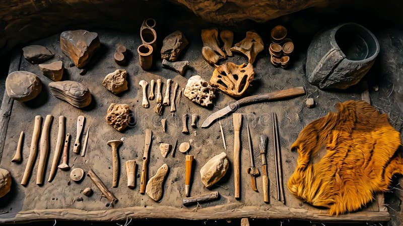 A Collection of Ancient Tools and Artifacts is on Display on a Stone ...
