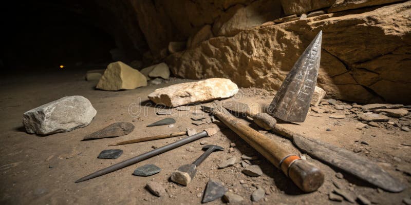 Collection of Ancient Tools Displayed on the Cave Floor Illustrating ...
