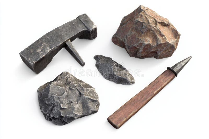 A Collection of Ancient Tools Including a Stone Hammer, Chisels, and ...