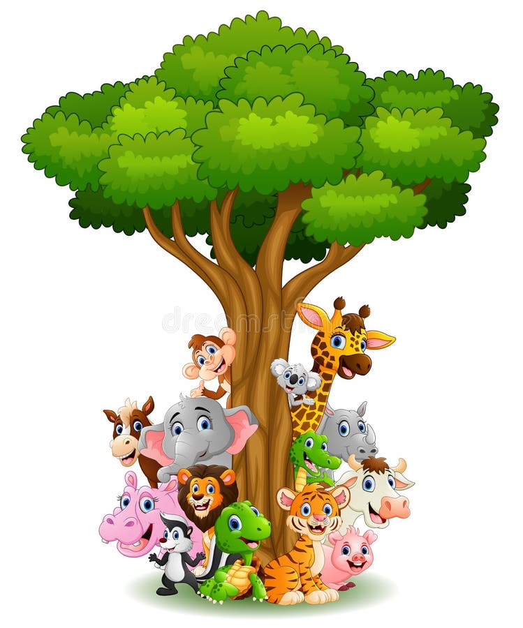 Collection Animal Stand Around Tree Stock Vector - Illustration of ...