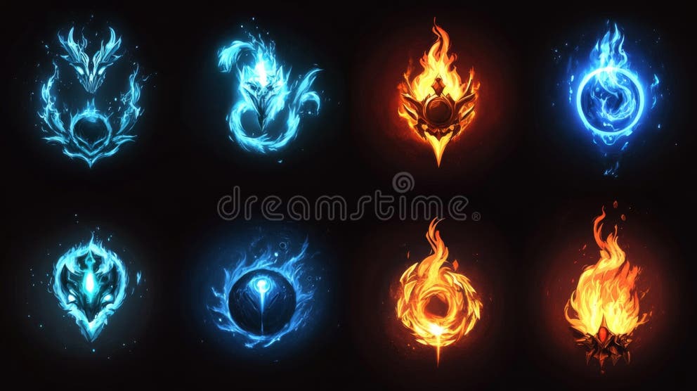 Collection of Animated Fire and Water Elemental Emblems on Black ...