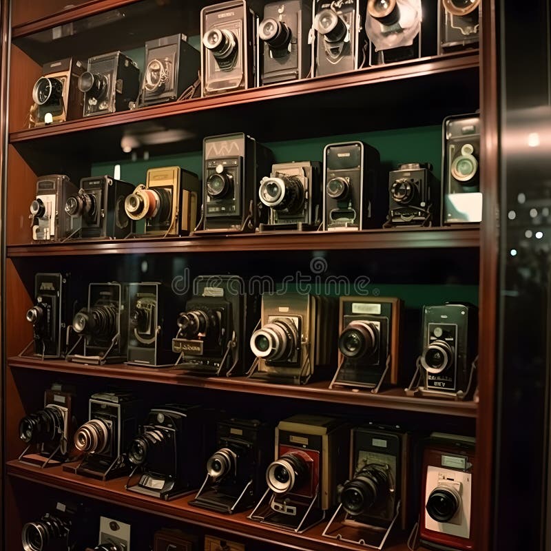 Collection of Antique Cameras in a Display Case Generative AI Stock ...