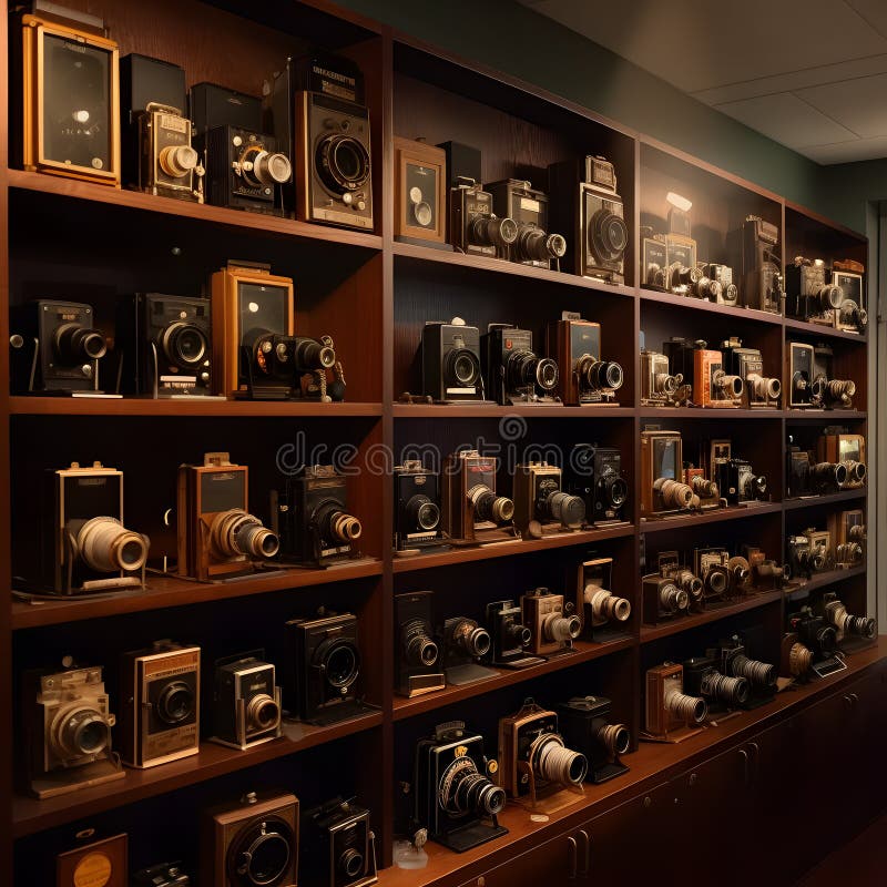 Collection of Antique Cameras in a Display Case One Generative AI Stock ...