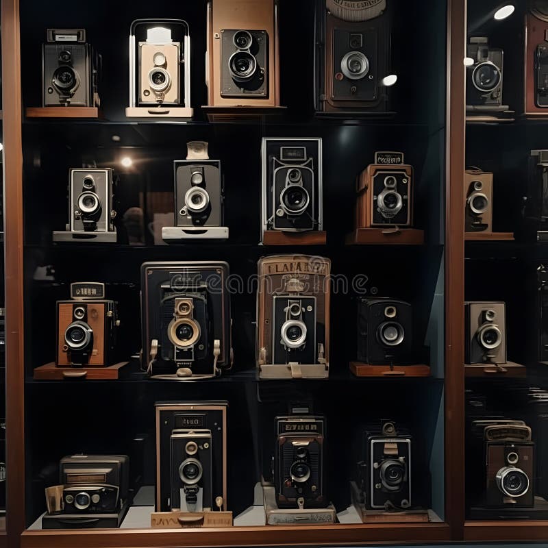 Collection of Antique Cameras in a Display Case Two Generative AI Stock ...