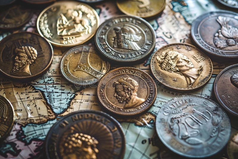 Collection of Antique Coins from Various Cultures, Each Featuring ...