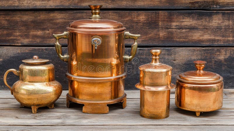 Antique Copper Ensemble: Samovar, Teapot, and Containers Still Life ...