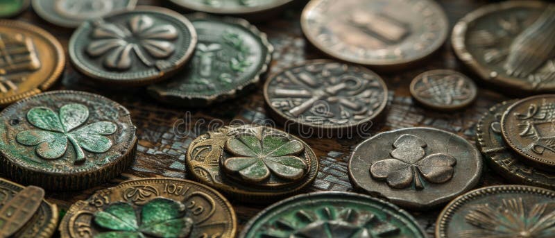 A Collection of Antique Irish Coins and Shamrock Emblems Exhibited for ...