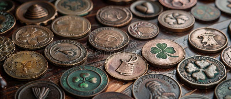 A Collection of Antique Irish Coins and Shamrock Emblems Exhibited for ...