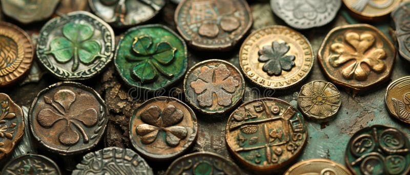A Collection of Antique Irish Coins and Shamrock Emblems Exhibited for ...
