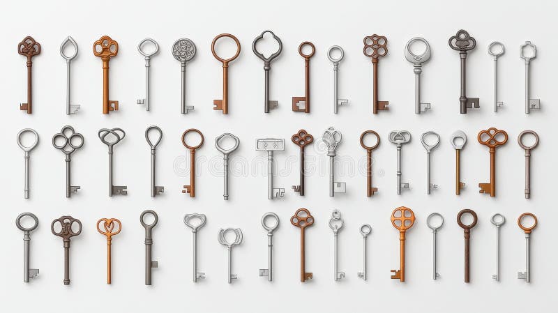 A Collection of Antique Keys, Each with a Unique Design, Arranged in a ...