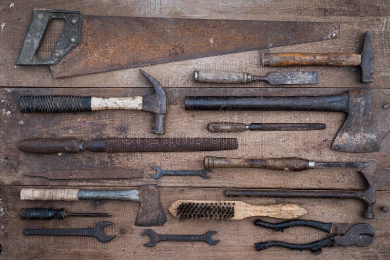 Collection of Antique Woodworking Handtools Stock Photo - Image of dark ...