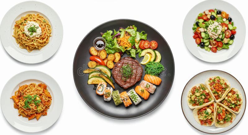 Collection of Appetizing Food Plates on White Surface Stock ...