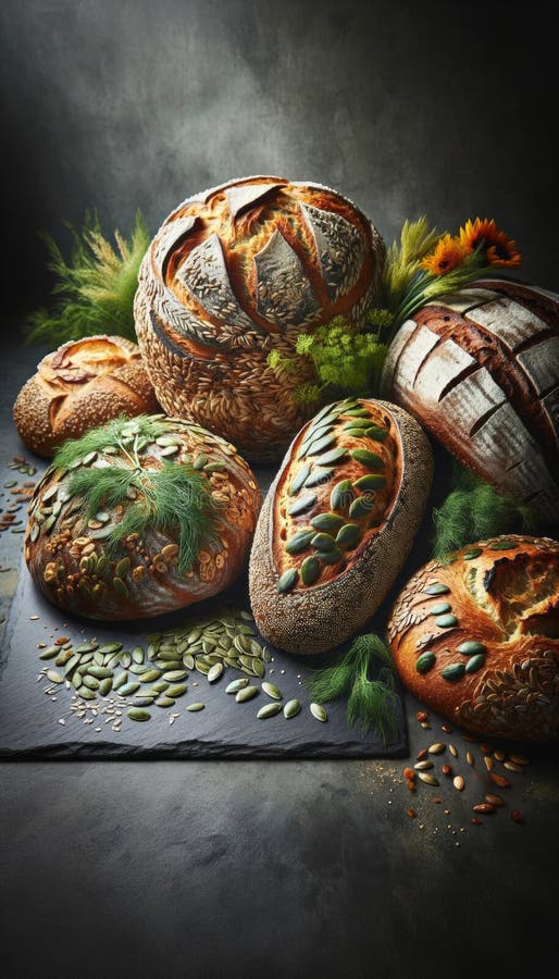 Collection of Artisanal Breads Decorated Green and Seeds on a Stone ...