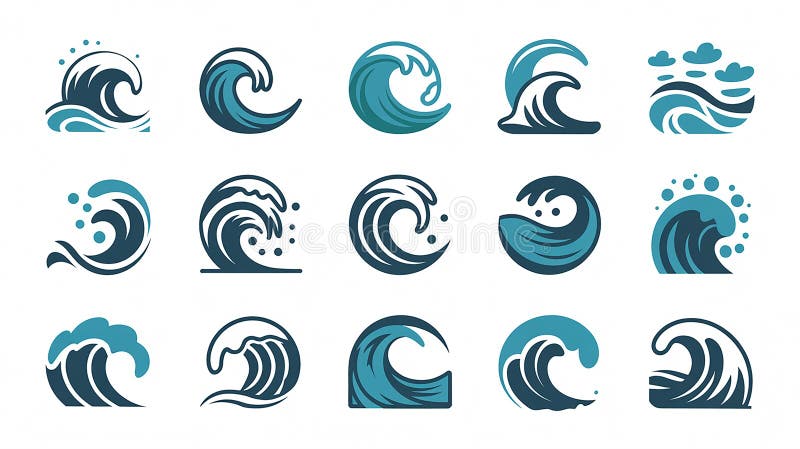 Collection of Artistic Wave Logos and Illustrations Representing Ocean ...