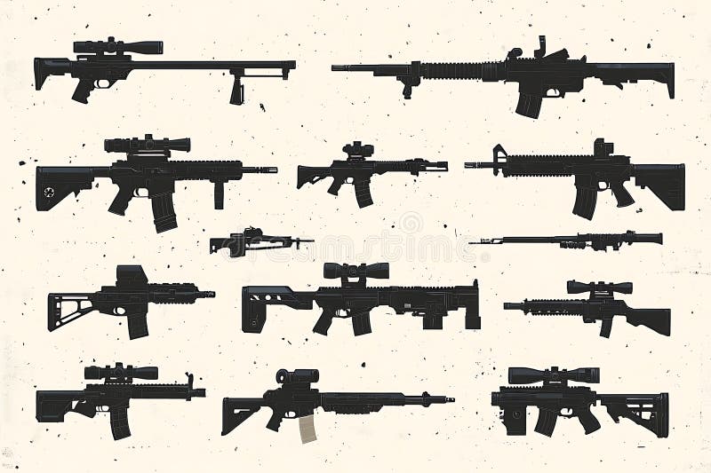Collection of Assault Rifles, Black Matte Texture, Military Firearms ...