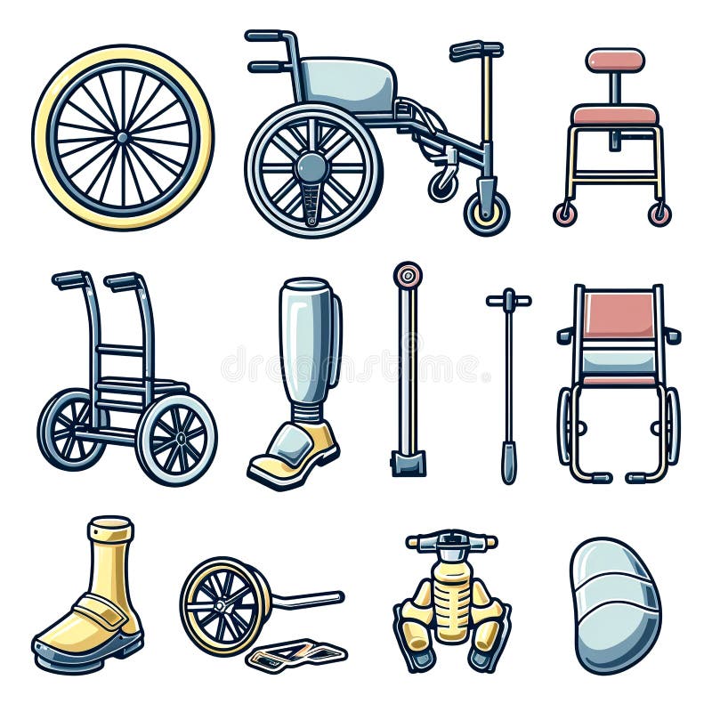 Collection of Assistive Mobility Devices and Prosthetics in Flat Design ...
