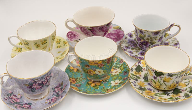 Collection of Assorted Ceramic Teacups Arranged on a Tabletop Stock ...