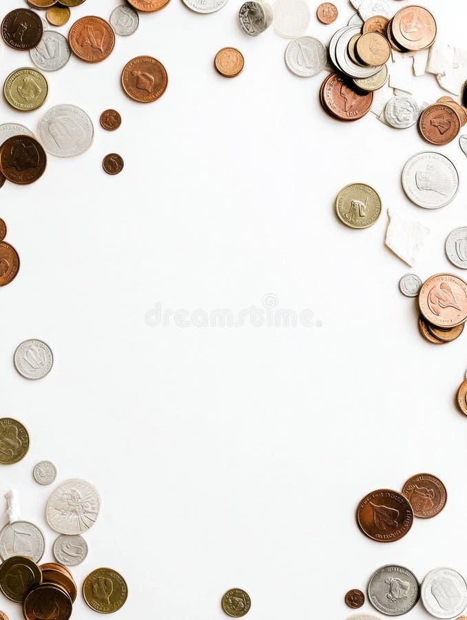 Collection of Assorted Coins and Banknotes Lying on a White Surface in ...
