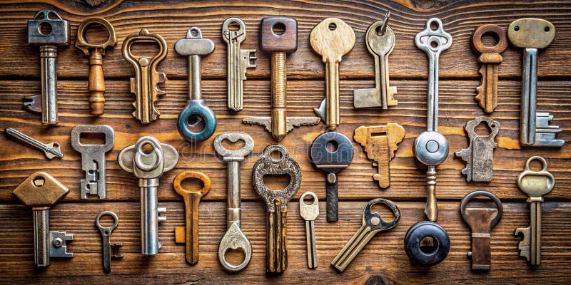 A Collection of Assorted Keys Artfully Arranged on a Wooden Table AI ...