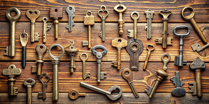 A Collection of Assorted Keys Artfully Arranged on a Wooden Table ...