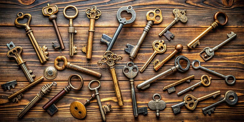 A Collection of Assorted Keys Artfully Arranged on a Wooden Table ...