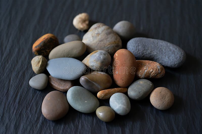 Assorted Smooth River Rocks on Dark Slate Surface Stones Stock ...