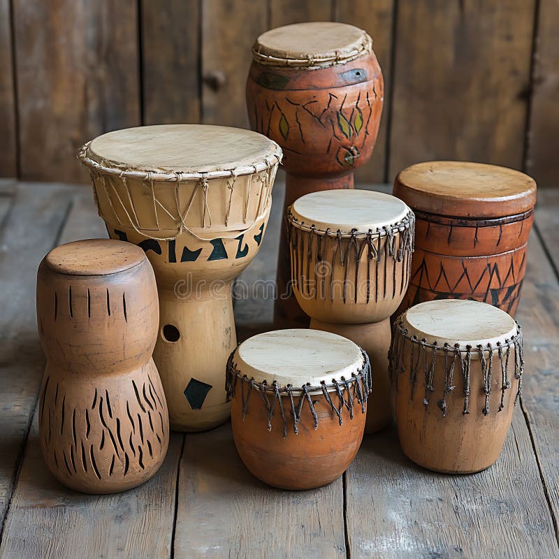 Collection of Authentic African Djembe Drums on Rustic Wooden ...
