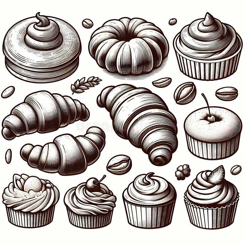 Collection of Baked Goods, Different Pastries Outline Stock ...