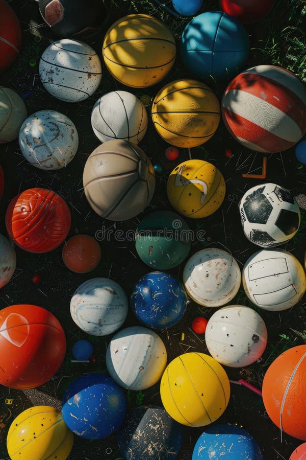 A Collection of Balls Scattered Across the Green Lawn Stock Photo ...