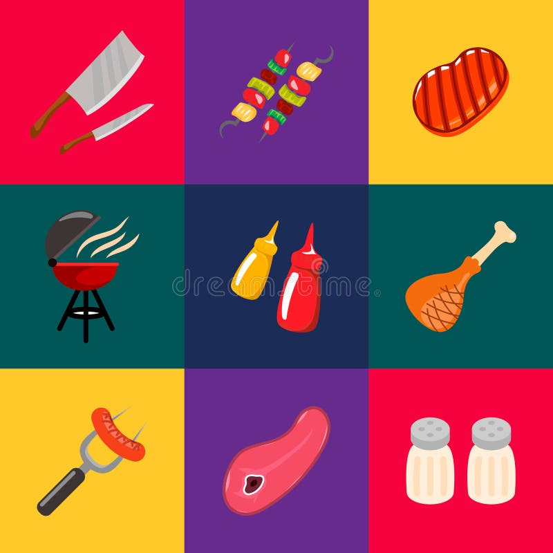 Flat Colorful BBQ Icon Collection Stock Vector - Illustration of ...