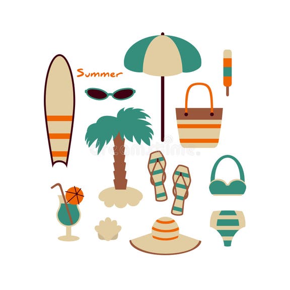 Collection of Beach Elements Stock Vector - Illustration of sunglasses, surfboard: 74753169