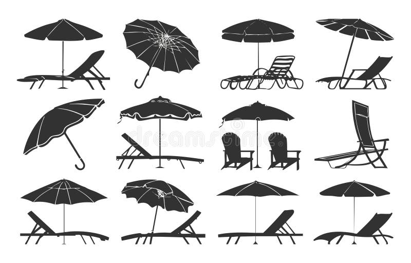 Collection of Beach Umbrellas and Lounge Chairs Silhouettes Stock ...
