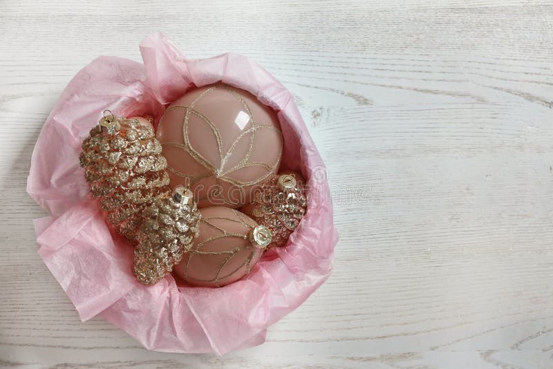 Collection of Beautiful Christmas Tree Baubles on White Wooden Table ...