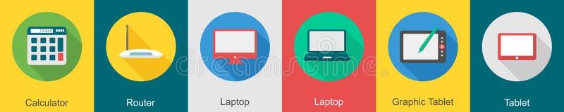 A Set of 6 Computer and Hardware Icons As Calculator, Router, Laptop ...