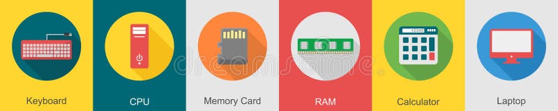 A Set of 6 Computer and Hardware Icons As Keyboard, Cpu, Memory Card ...