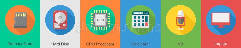 A Set of 6 Computer and Hardware Icons As Memory Card, Hard Disk, Cpu ...