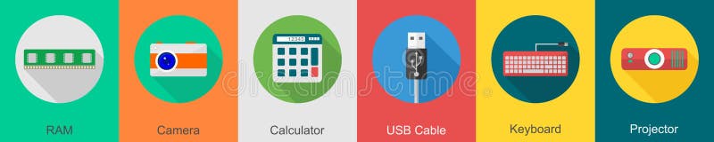 A Set of 6 Computer and Hardware Icons As Ram, Camera, Calculator Stock ...