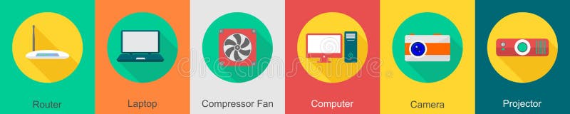 A Set of 6 Computer and Hardware Icons As Router, Laptop, Compressor ...