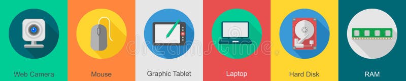 A Set of 6 Computer and Hardware Icons As Web Camera, Mouse, Graphic ...