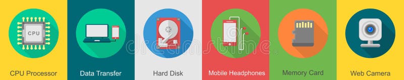 A Set of 6 Computer and Hardware Icons As Cpu Processor, Data Transfer ...