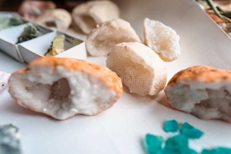 Collection of Beautiful Precious Stones on White Table. Stock Image ...