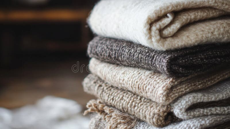 Soft Wool Textiles Stacked in a Cozy Home Interior, Showcasing Neutral ...